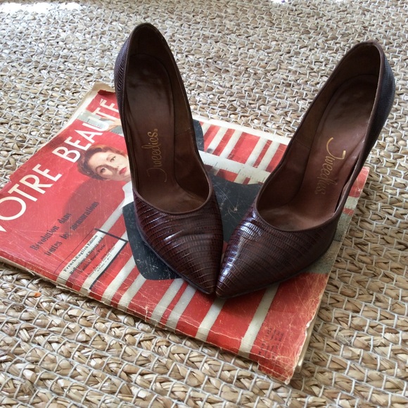Vintage | Shoes | Vtg Mid Century Pointy Toe Stiletto Croc Embossed ...